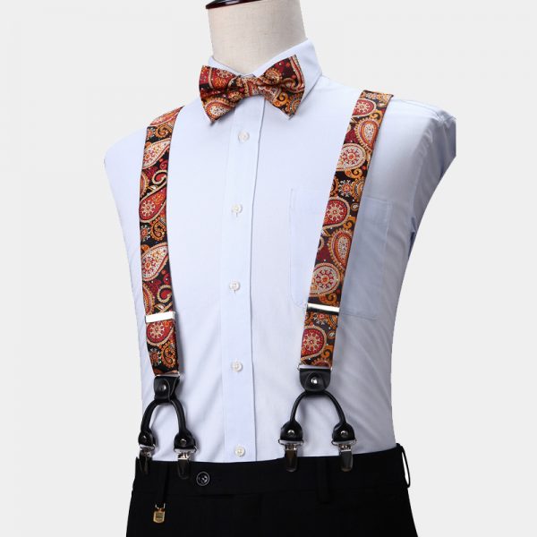 Burnt Orange Paisley Bow Tie And Suspenders Set - Gentleman's Guru