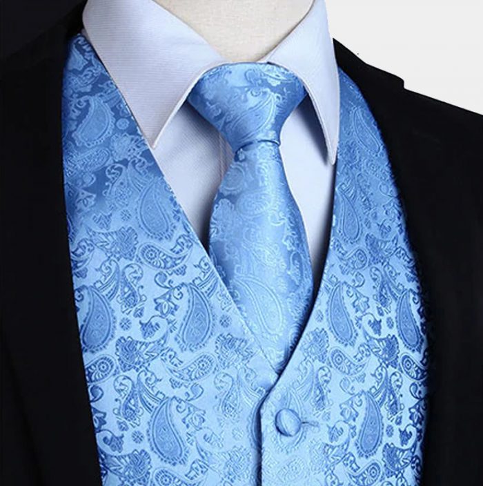 Light Blue Paisley Waistcoat And Tie Set - Gentleman's Guru